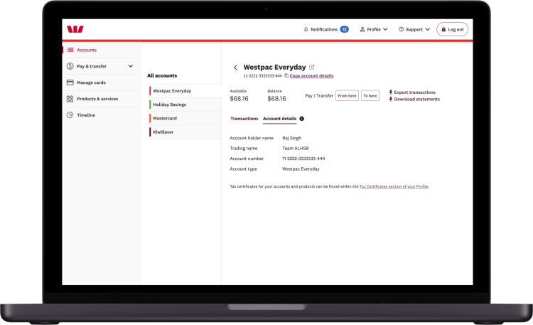 How do I share my account name and number in Westpac One?
