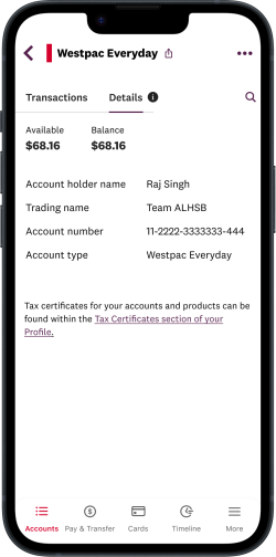 How do I share my account name and number in Westpac One?
